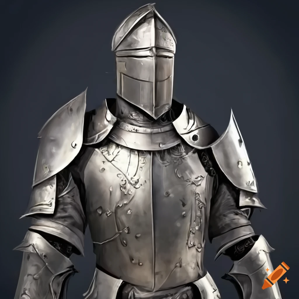 A paladin in shiny silver plate armor, posing with a sword and circular ...