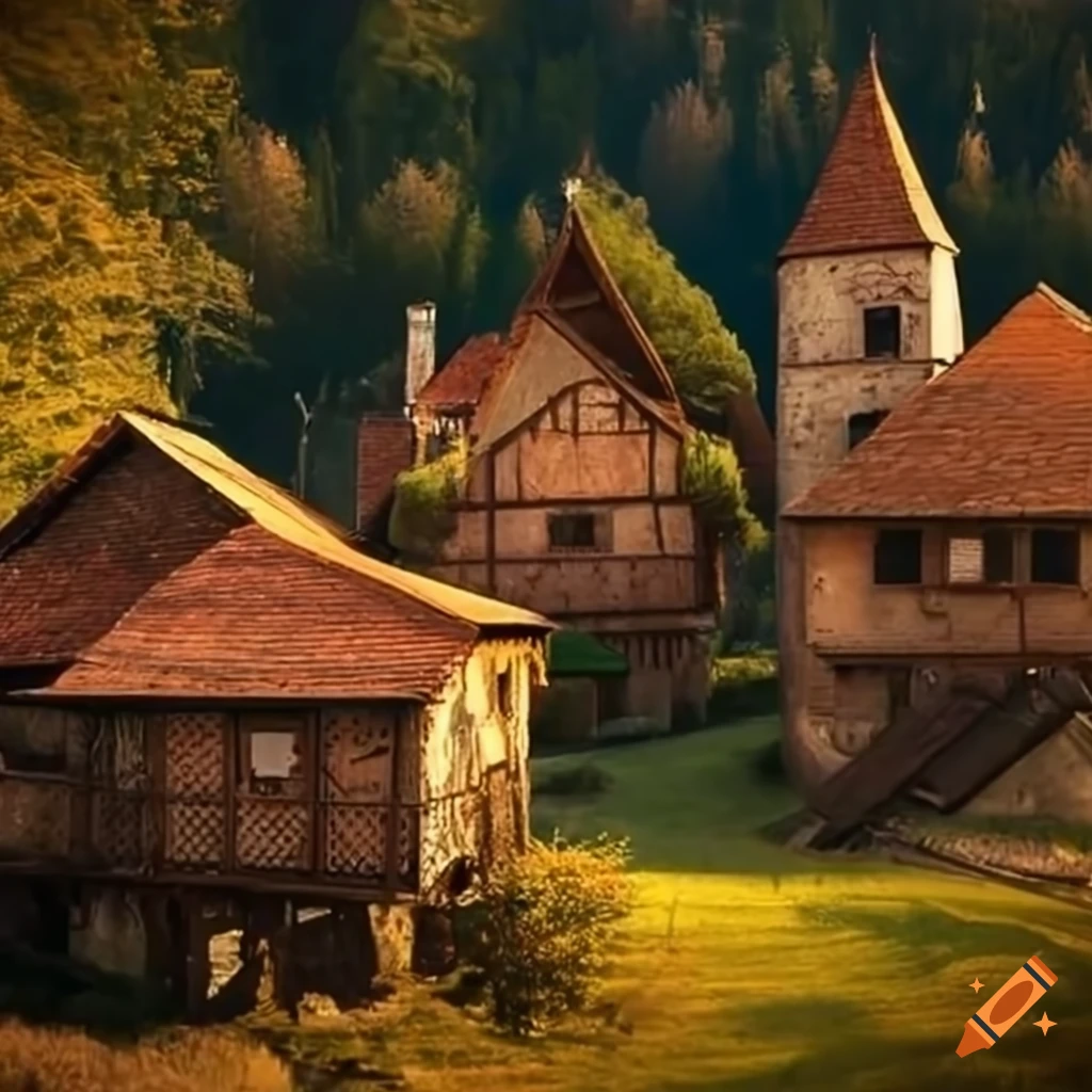 A peaceful medieval european village nestled in mountainous terrain on ...