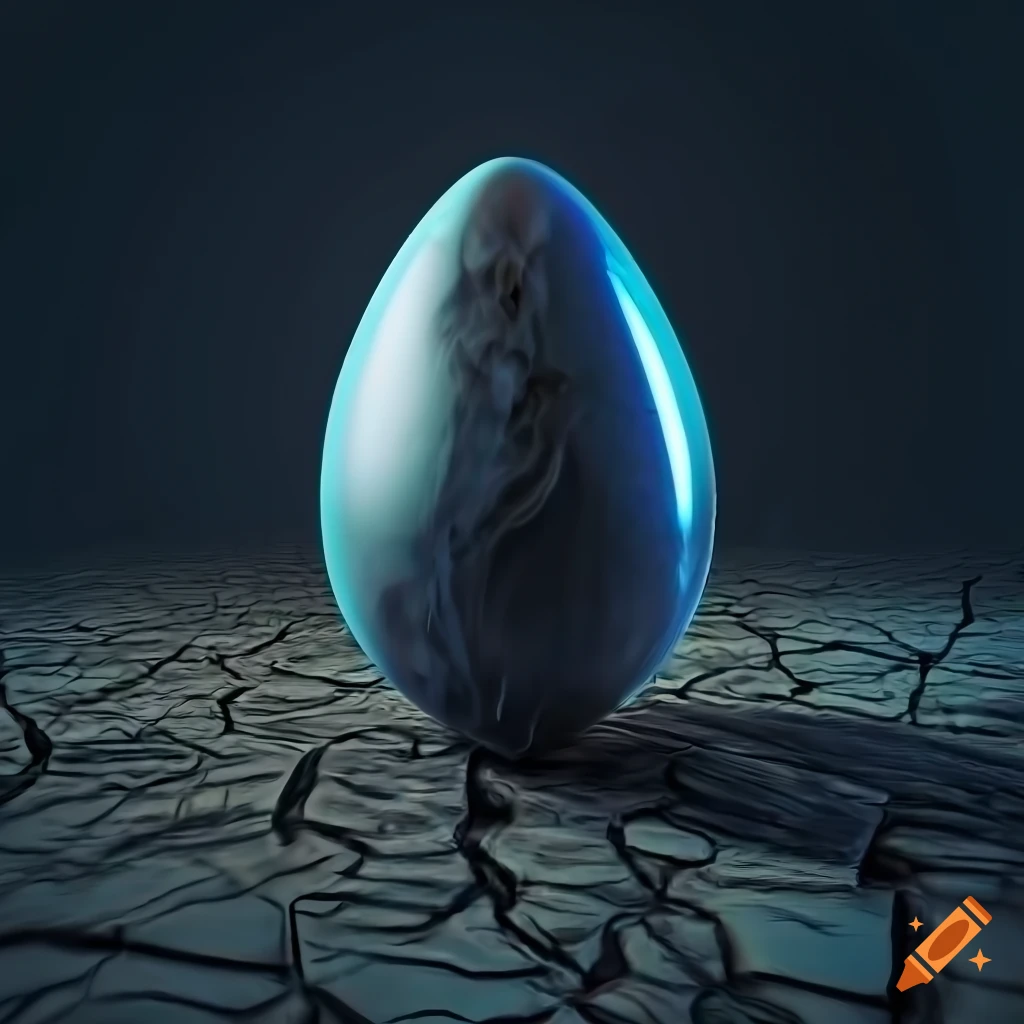 Photo in HDR, 3D render, Cyberpunk of an egg made of shiny obsidian ...