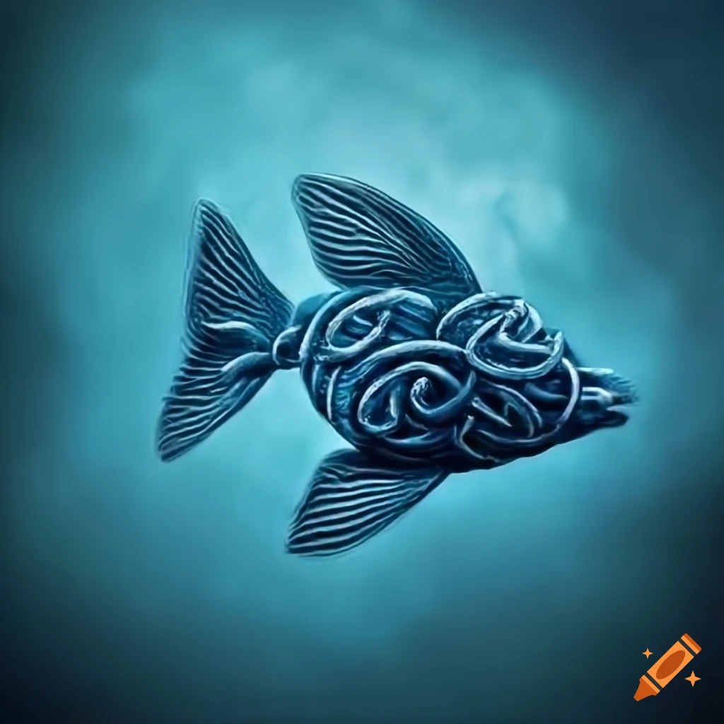 A celtic knot fish swimming in blue water
