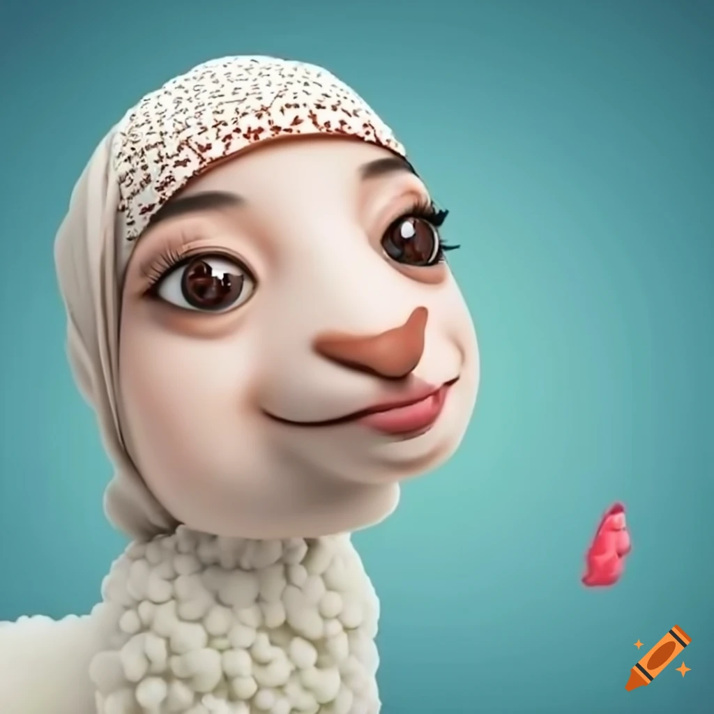 Arab muslim girl playing with a fluffy white happy sheep with 3d on Craiyon