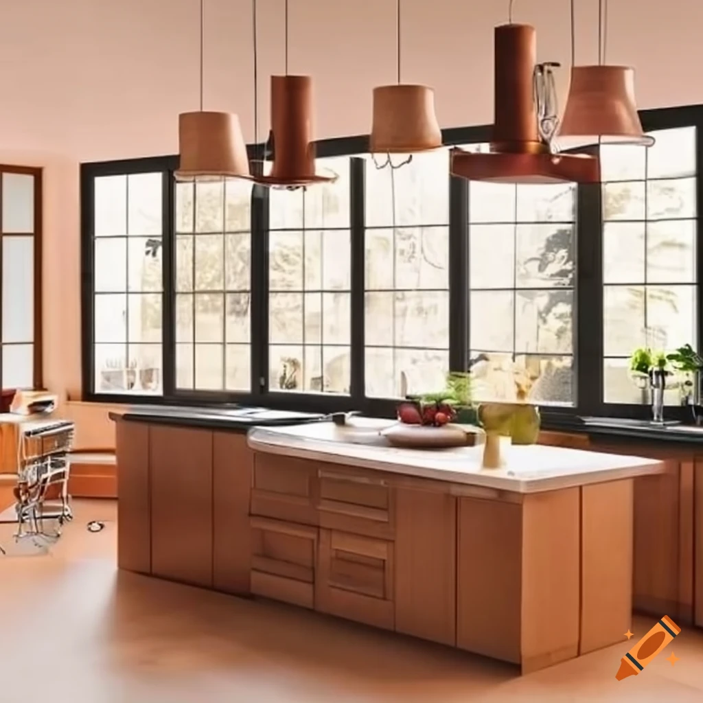 Open modular kitchen with big open table with inbuilt hob and hanging ...