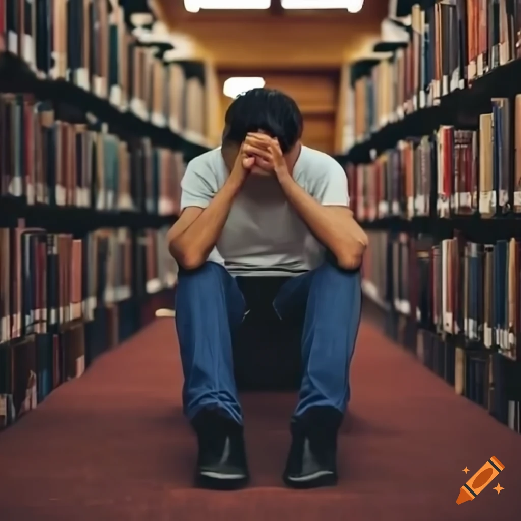 Bored crying man sitting in an empty library