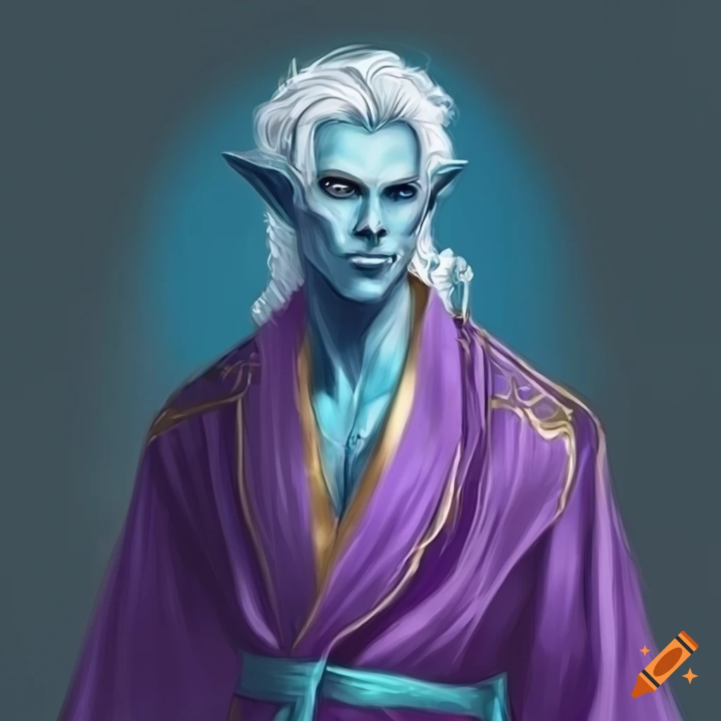 Male water genasi, white hair, holding silver goblet, purple robe ...