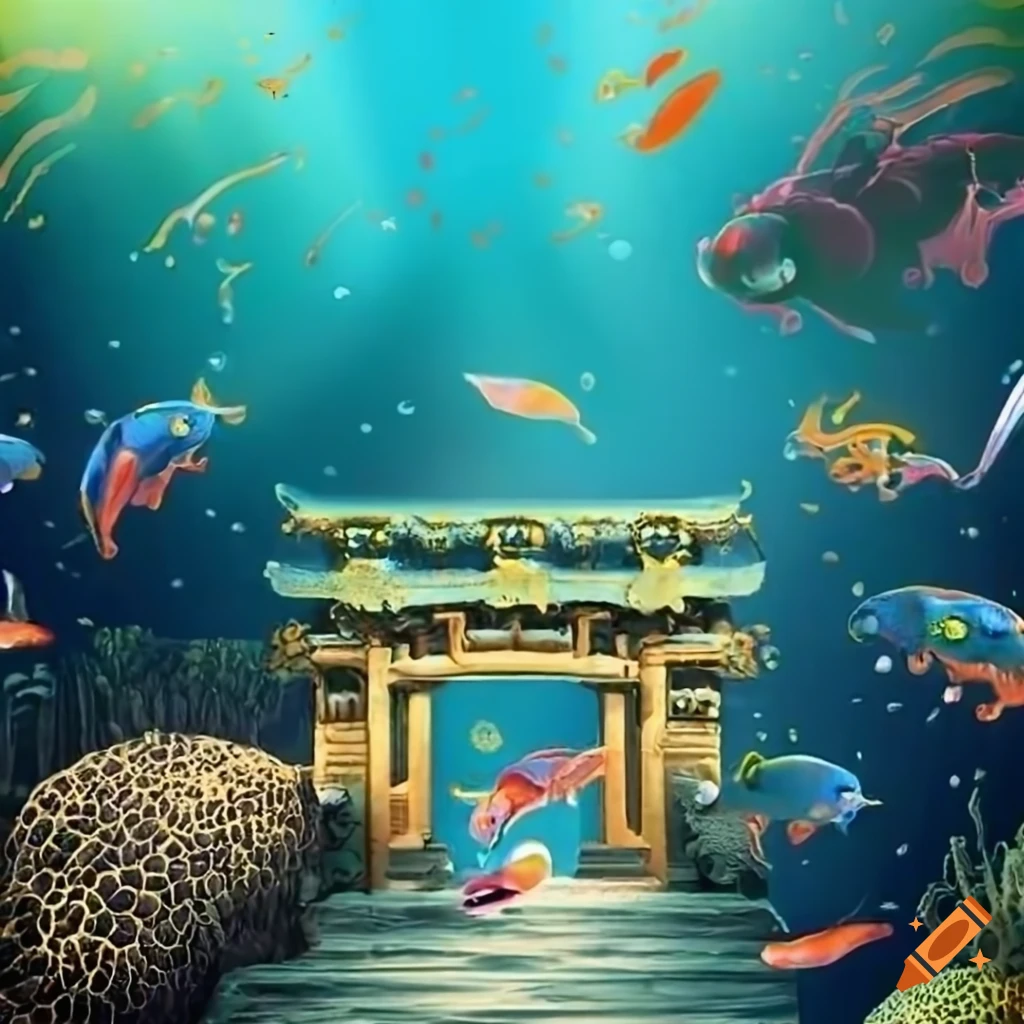 Nikko temple gate as underwater castle with fishes, corals, turtles ...