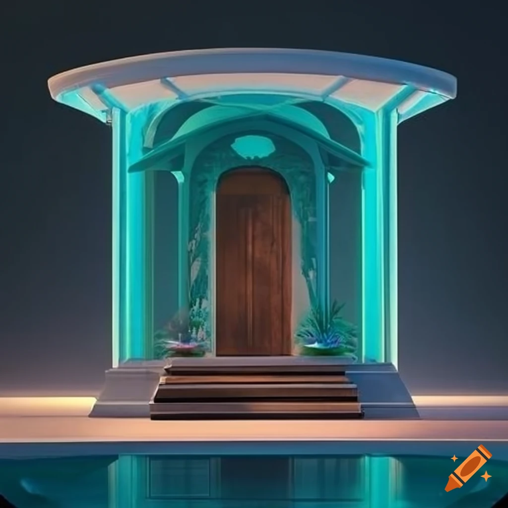 Art deco inspired outdoor cabana, gazebo, jacuzzi, lush tropical landscaping, illustrative ...