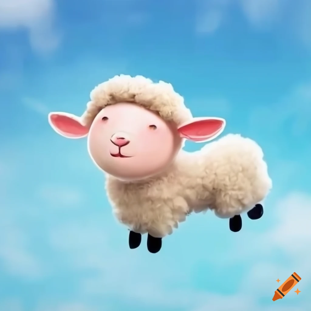 Cute happy fluffy sheep flying with cute white wings on Craiyon