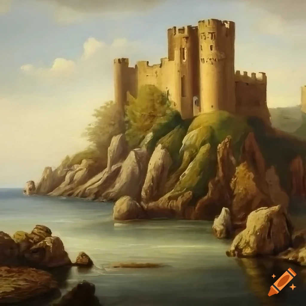 A medieval castle on the rocky coast, beautiful, extreme detail, oil ...