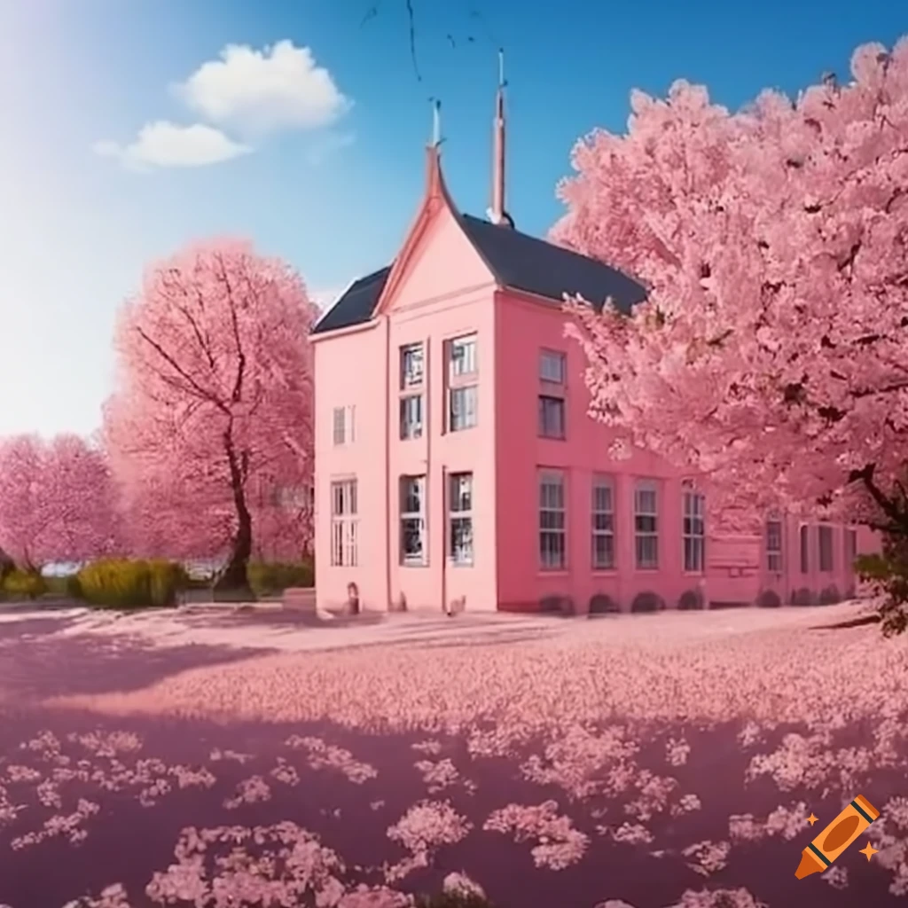 Peach pink school buildings with cherry blossom gardens on Craiyon