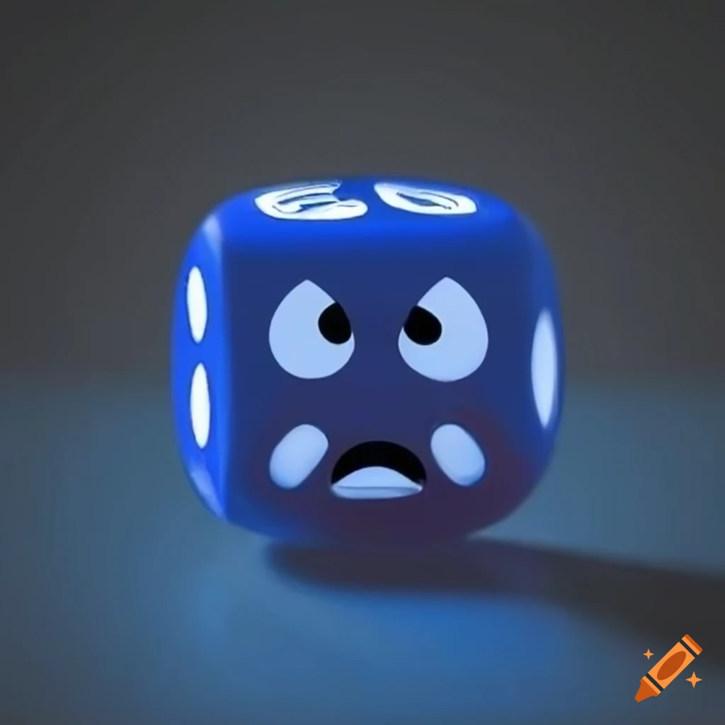A blue dice with a angry face, glowing on Craiyon