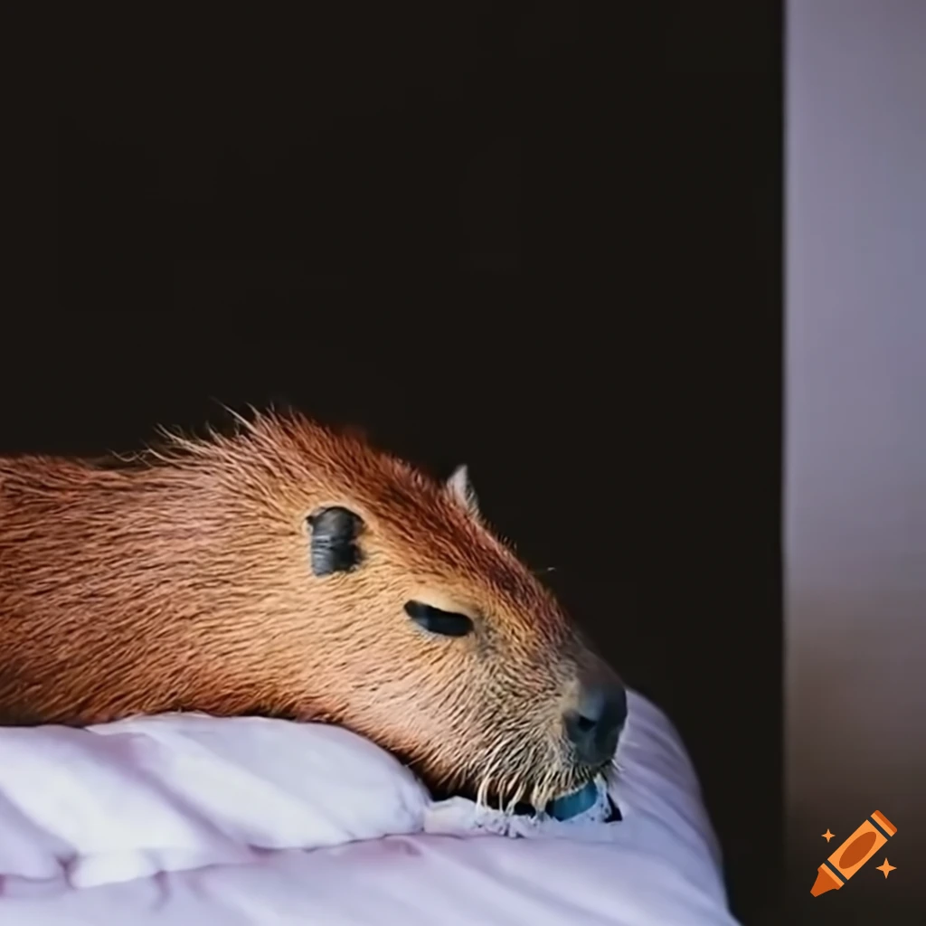 A sleepy capybara waking up on a cozy bed on Craiyon