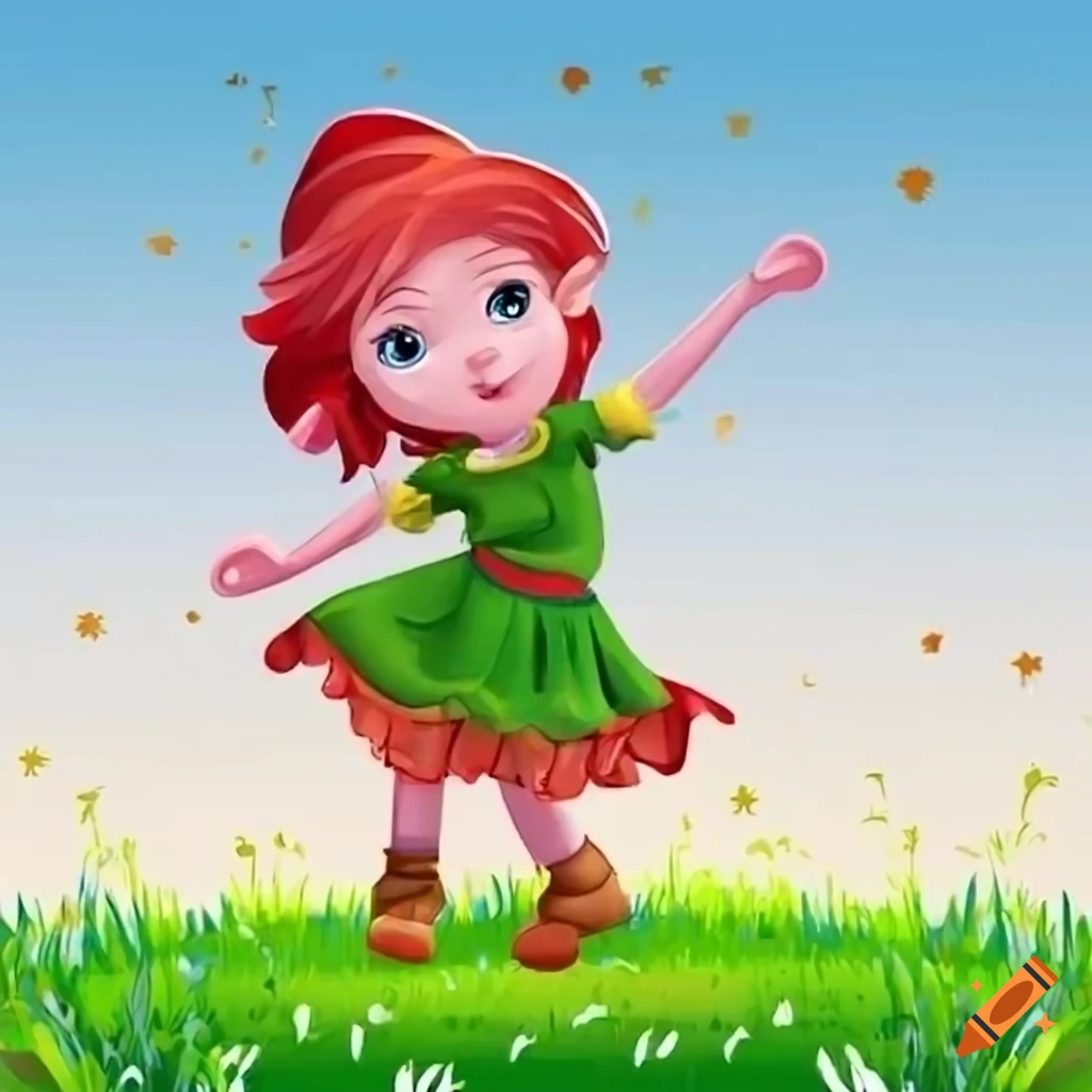Cartoon image of a dancing dwarf girl in a meadow on Craiyon