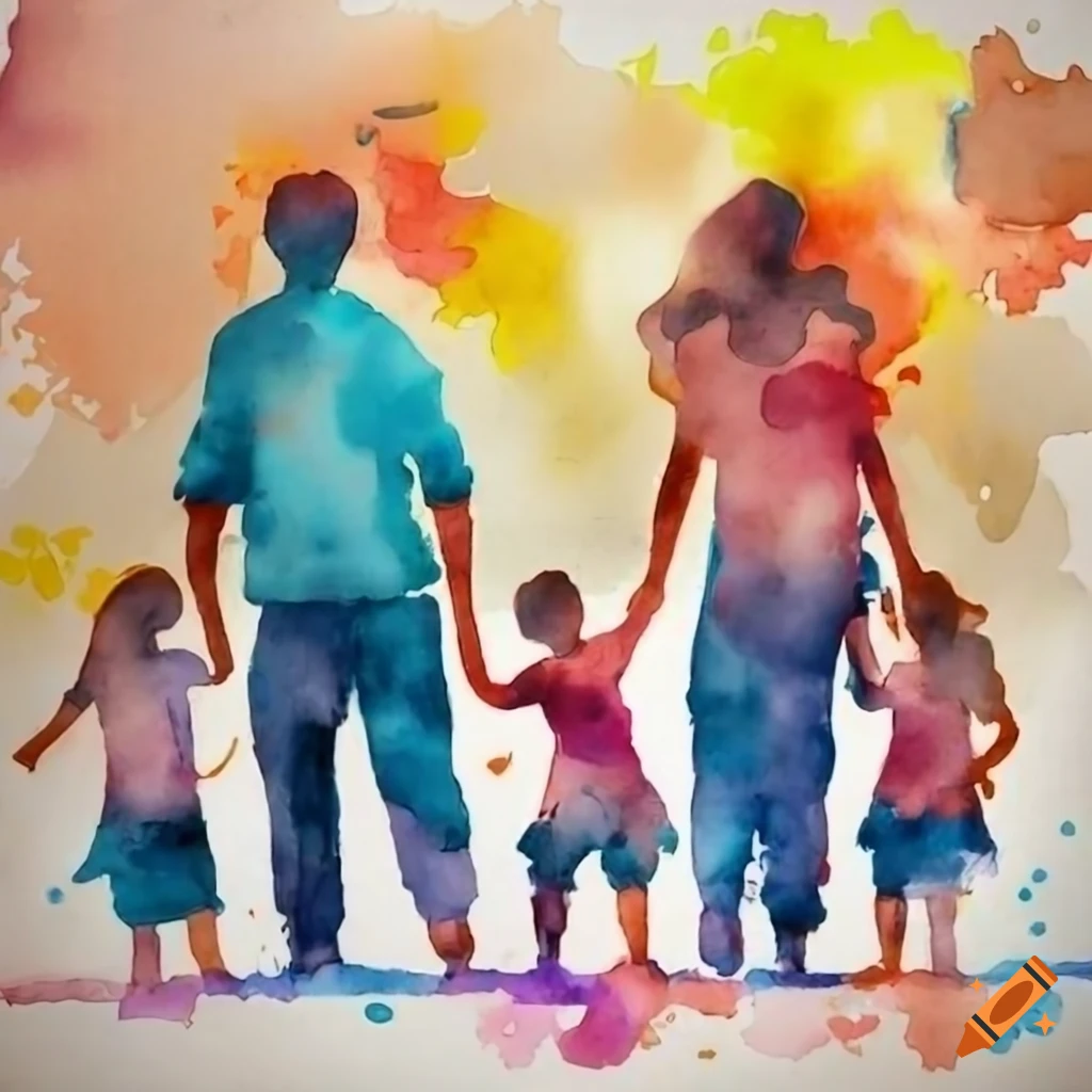 Rendition of family playing together; watercolor splashes