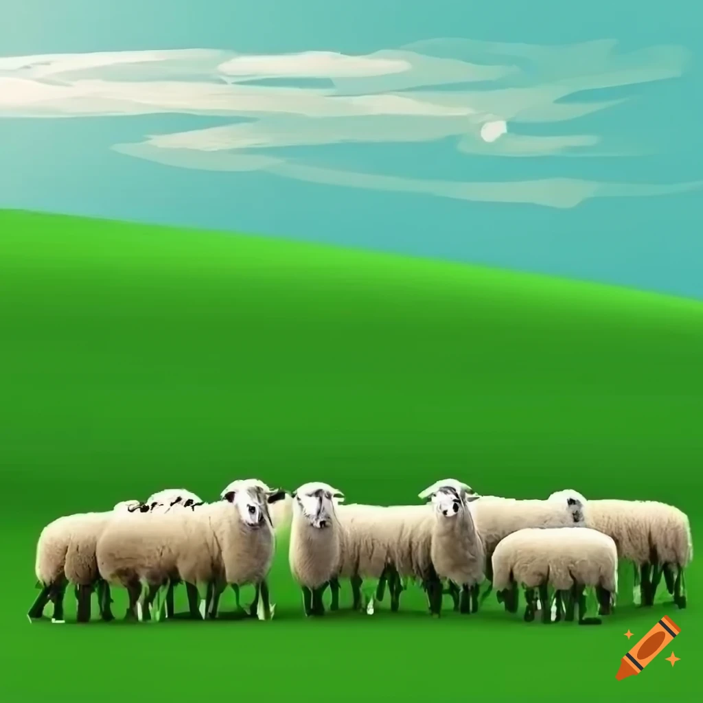 Pack of sheep in a green field. photorealistic style