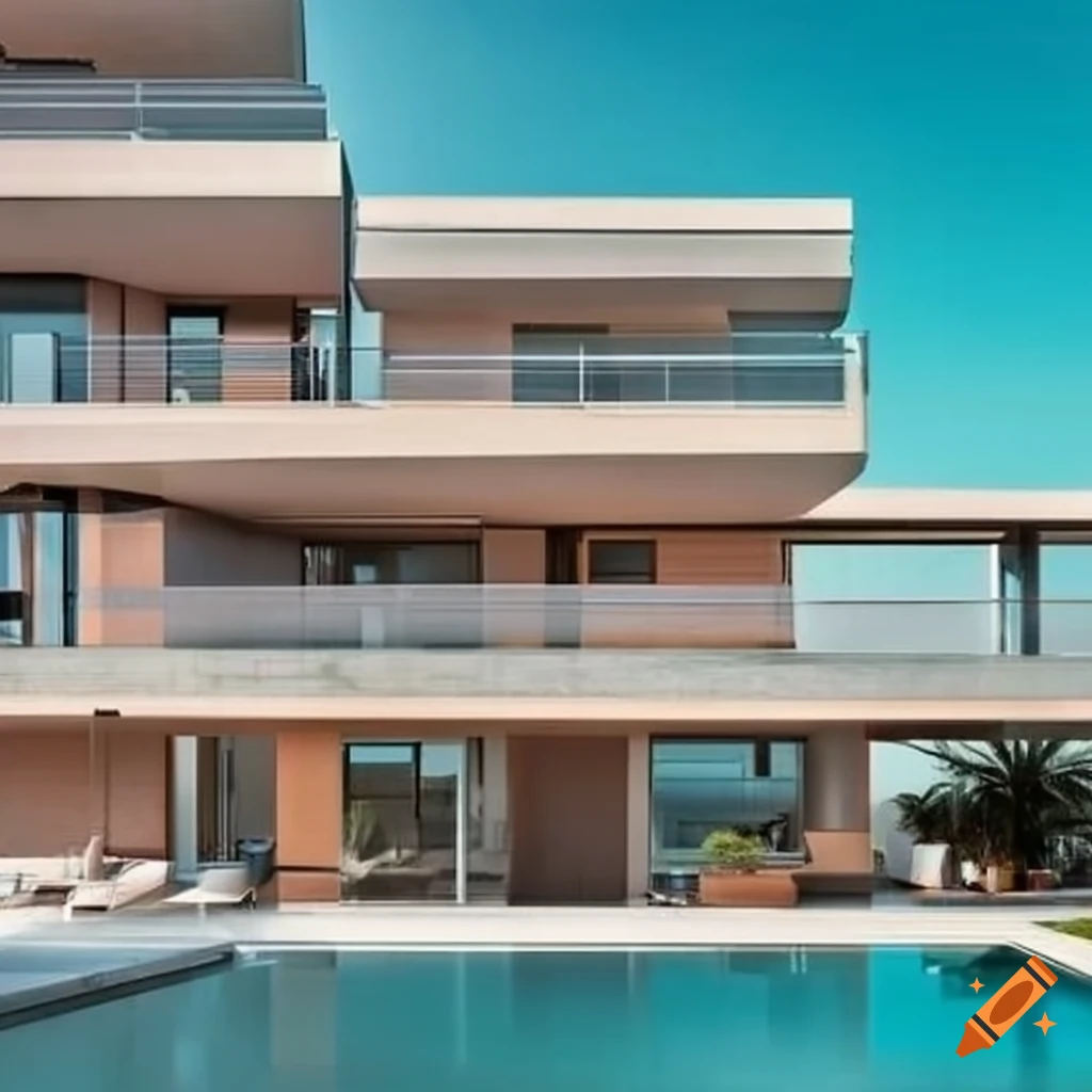 A contemporary modern beach apartment building with beautiful surroundings