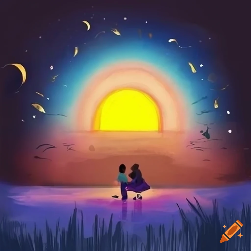 Draw a sunny scene with a smiling sun and a serene-faced moon, both ...