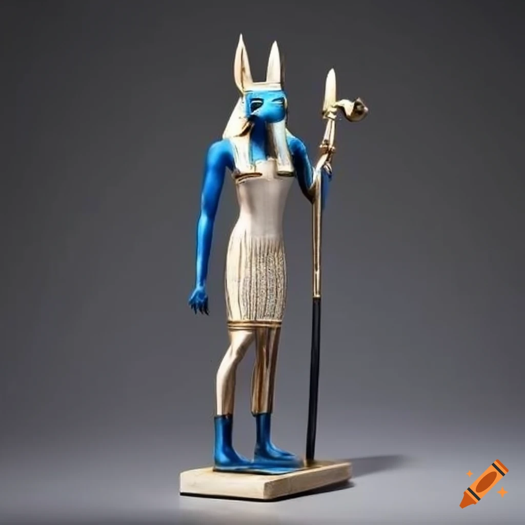 A white, gold and blue anubis statue in egyptian style on Craiyon