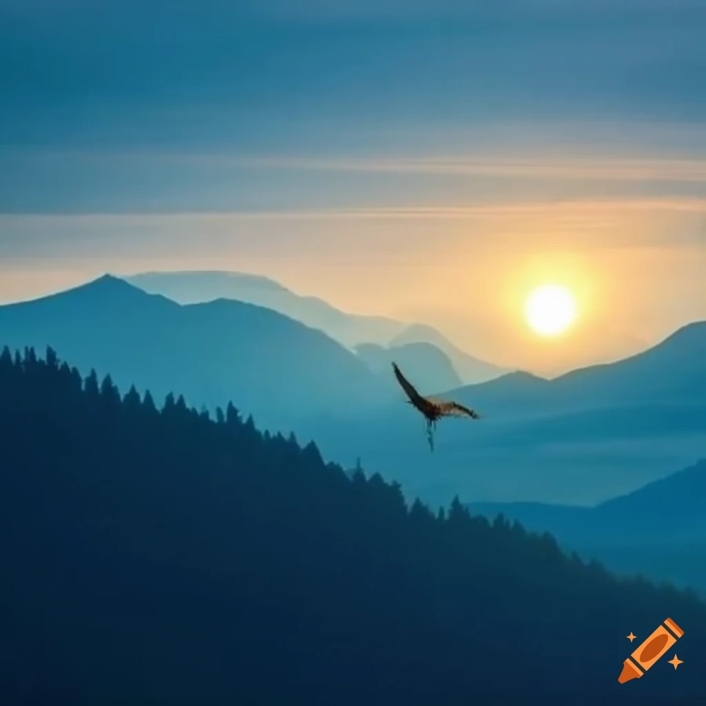 Mountain at morning with sun and birds