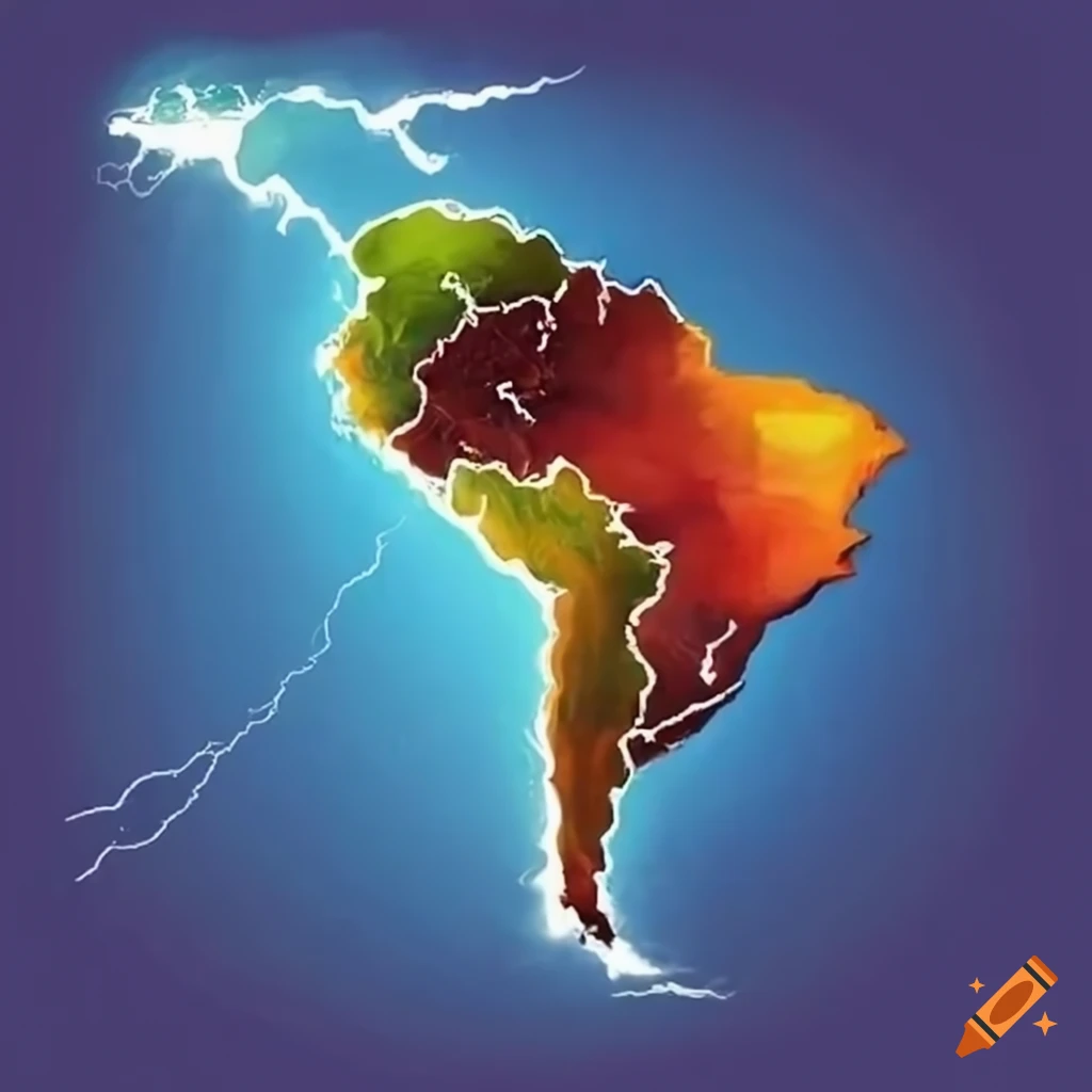 Thunderstorm over south america map, lightning illuminating the map