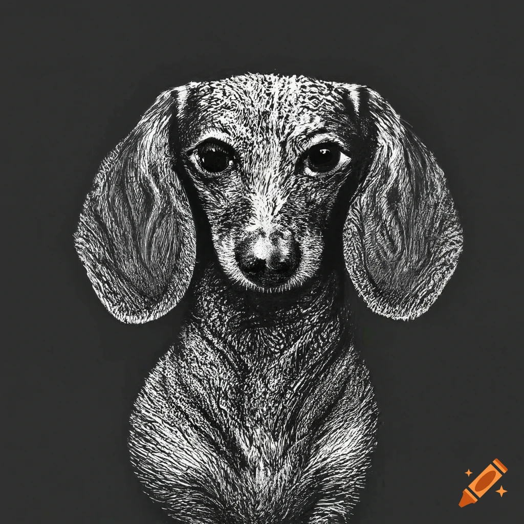 Dark scratchboard portrait of weird looking dachshund
