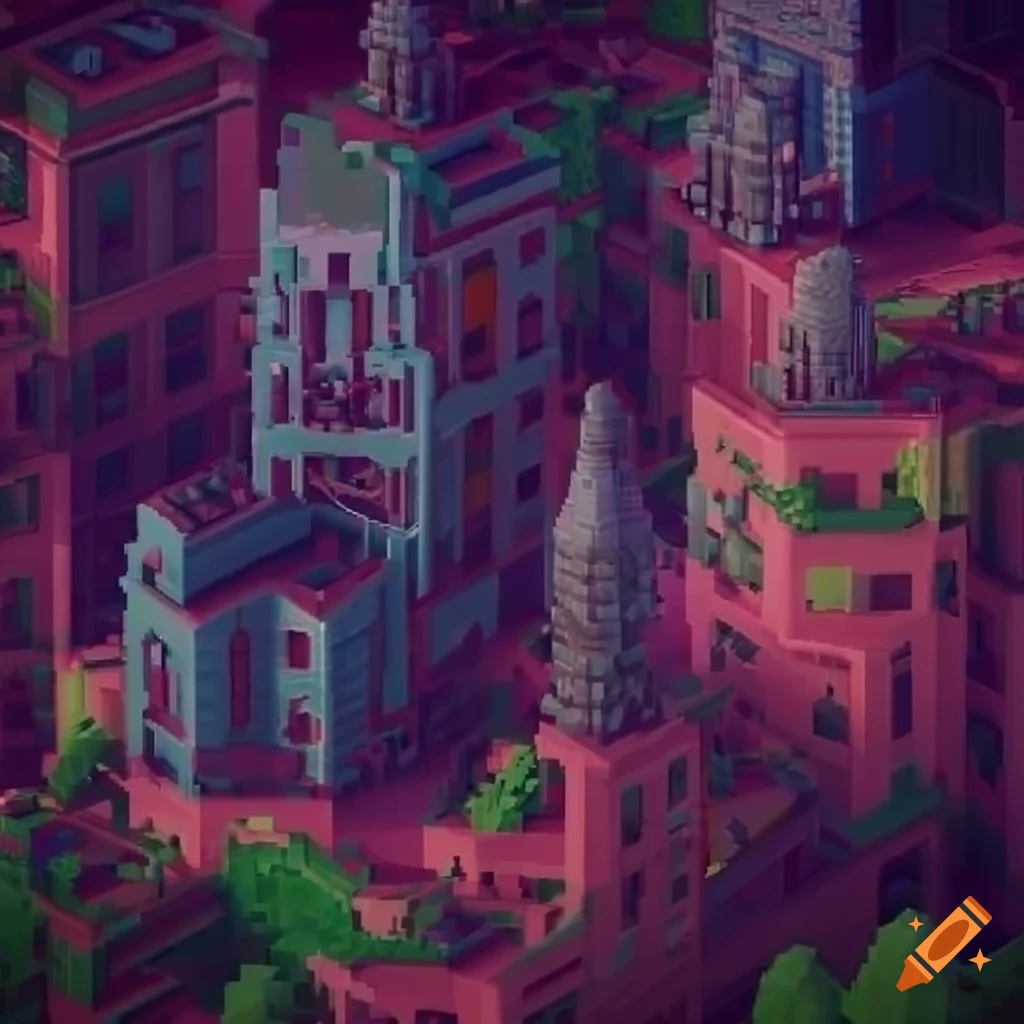 Create a vast, spacious, pastel world with pixelated, vibrant buildings ...