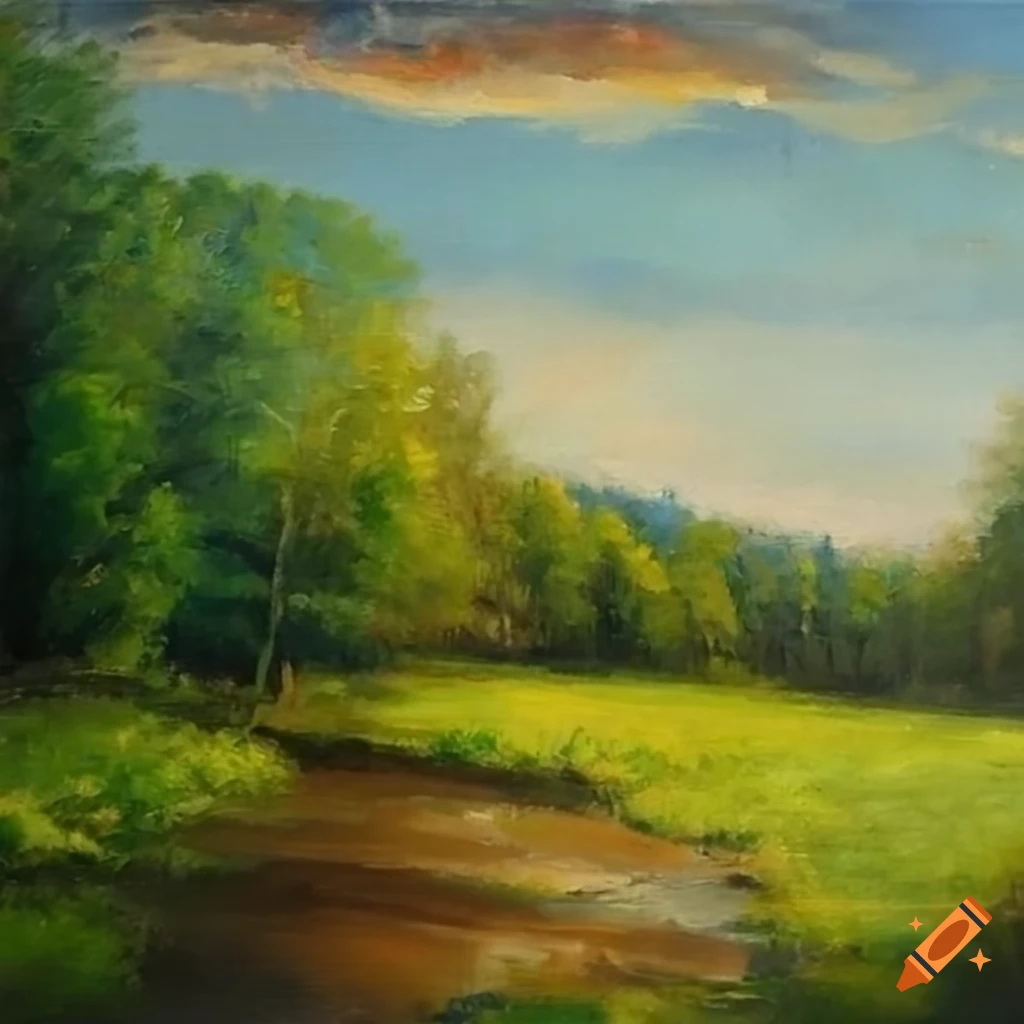 Lush countryside landscape, beautiful, extreme detail, oil painting