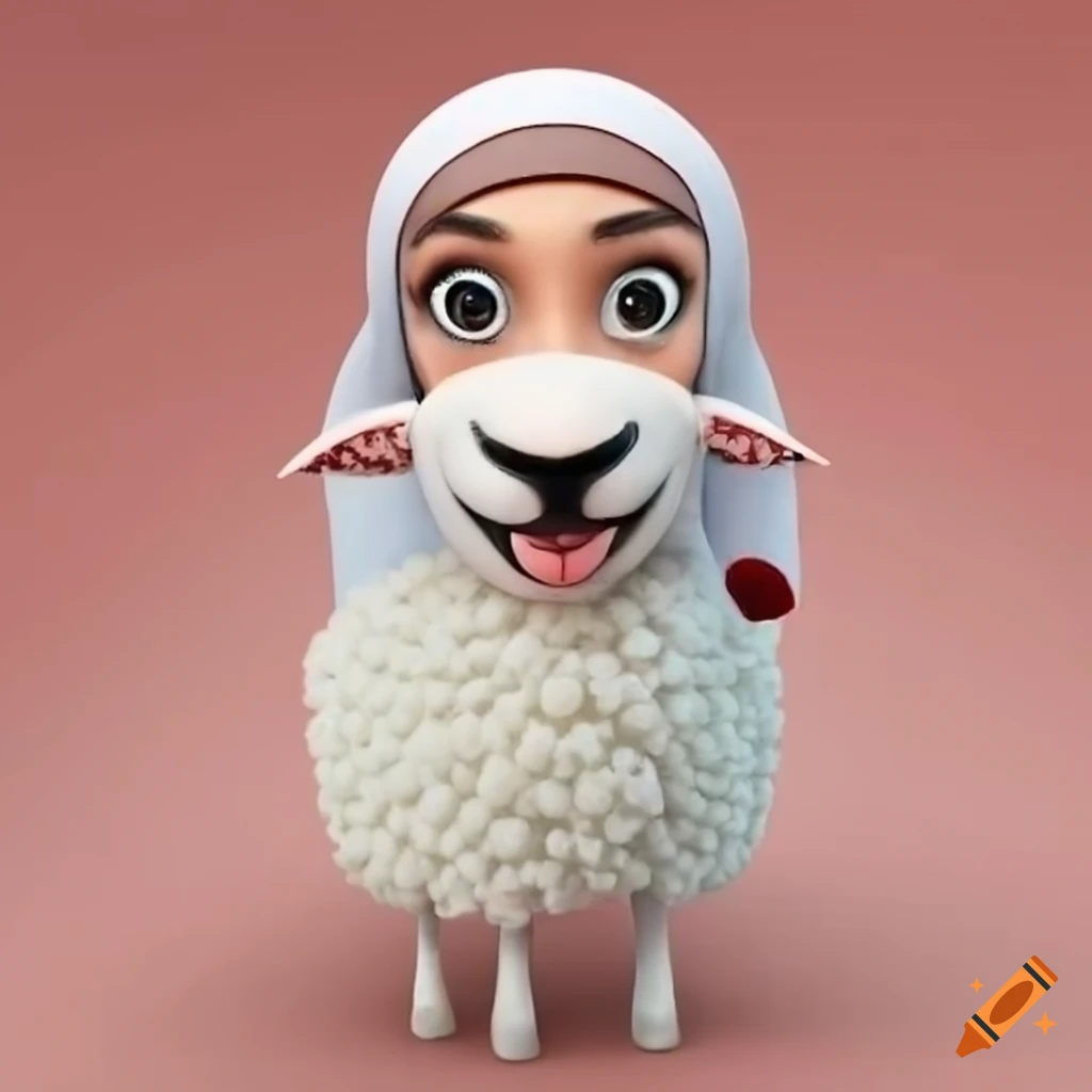 Arab muslim girl playing with a fluffy white happy sheep with 3d