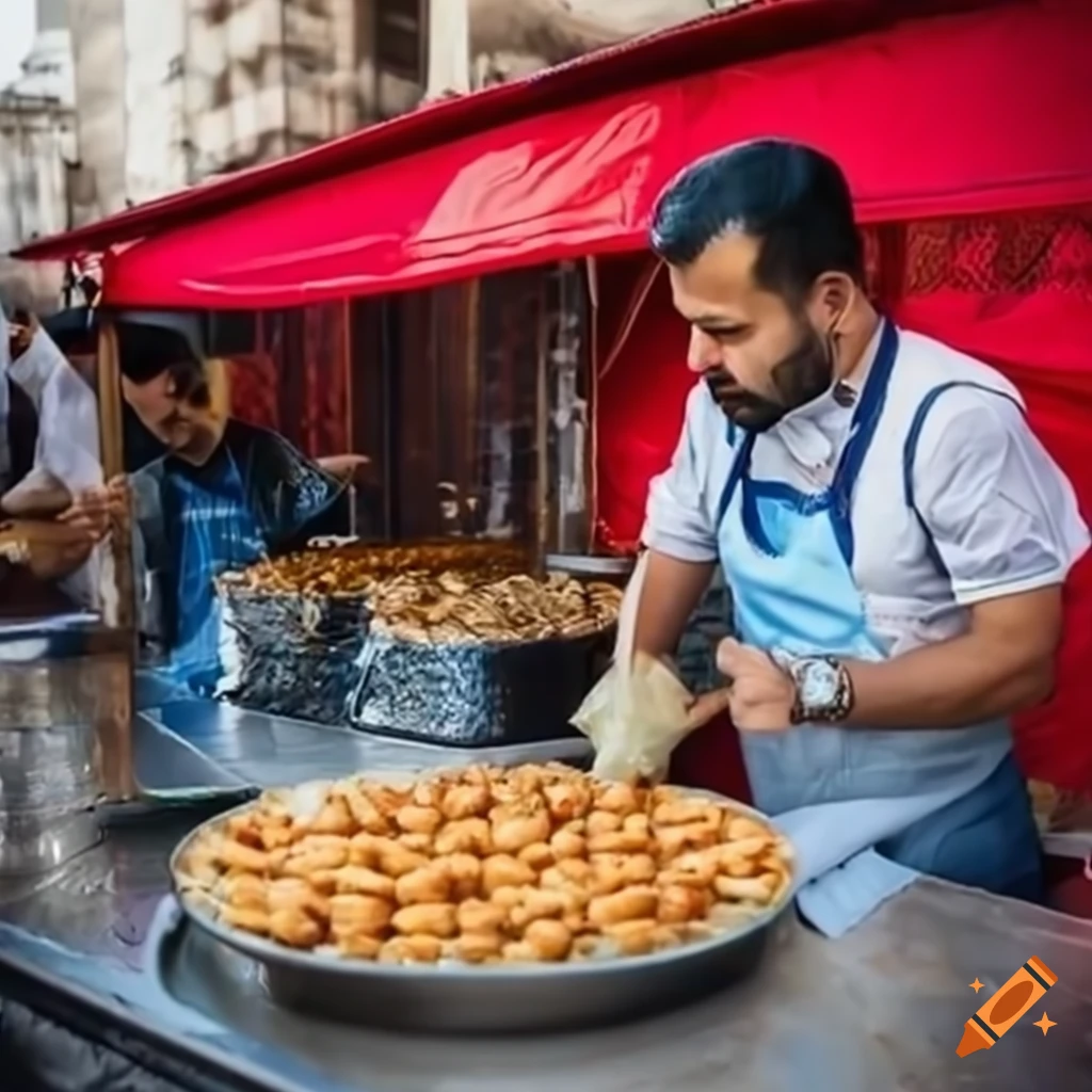 Turkish street food vendors selling savory snacks
