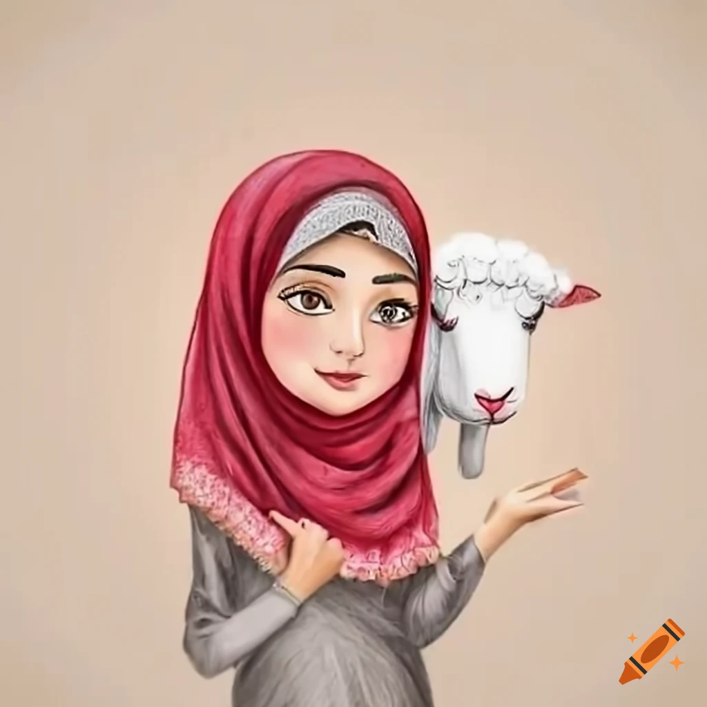 Arab muslim girl playing with a fluffy white happy sheep with 3d on Craiyon