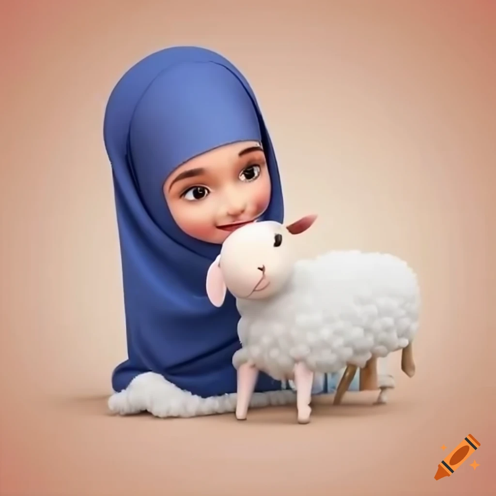 Arab muslim girl playing with a fluffy white happy sheep with 3d