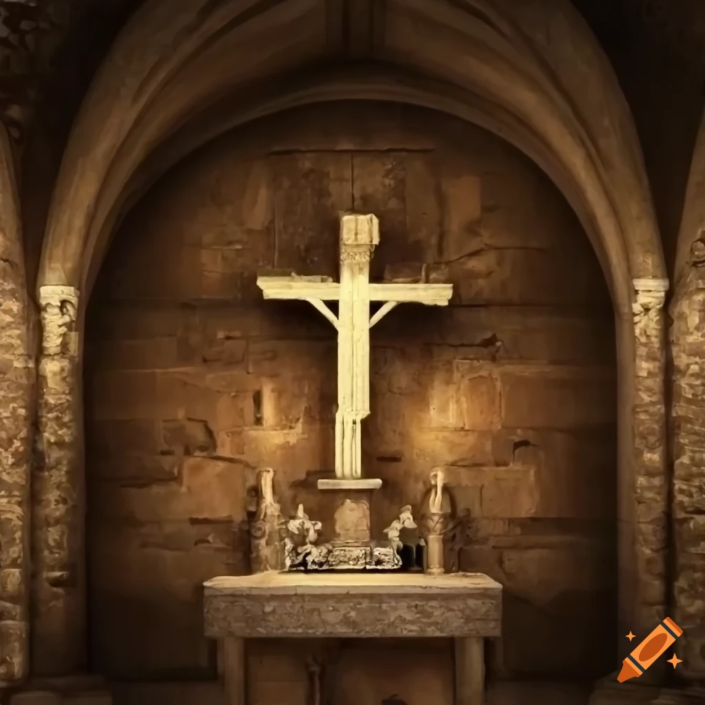 Interior capilla con muros de piedra y retablo simple con jesucristo en ...