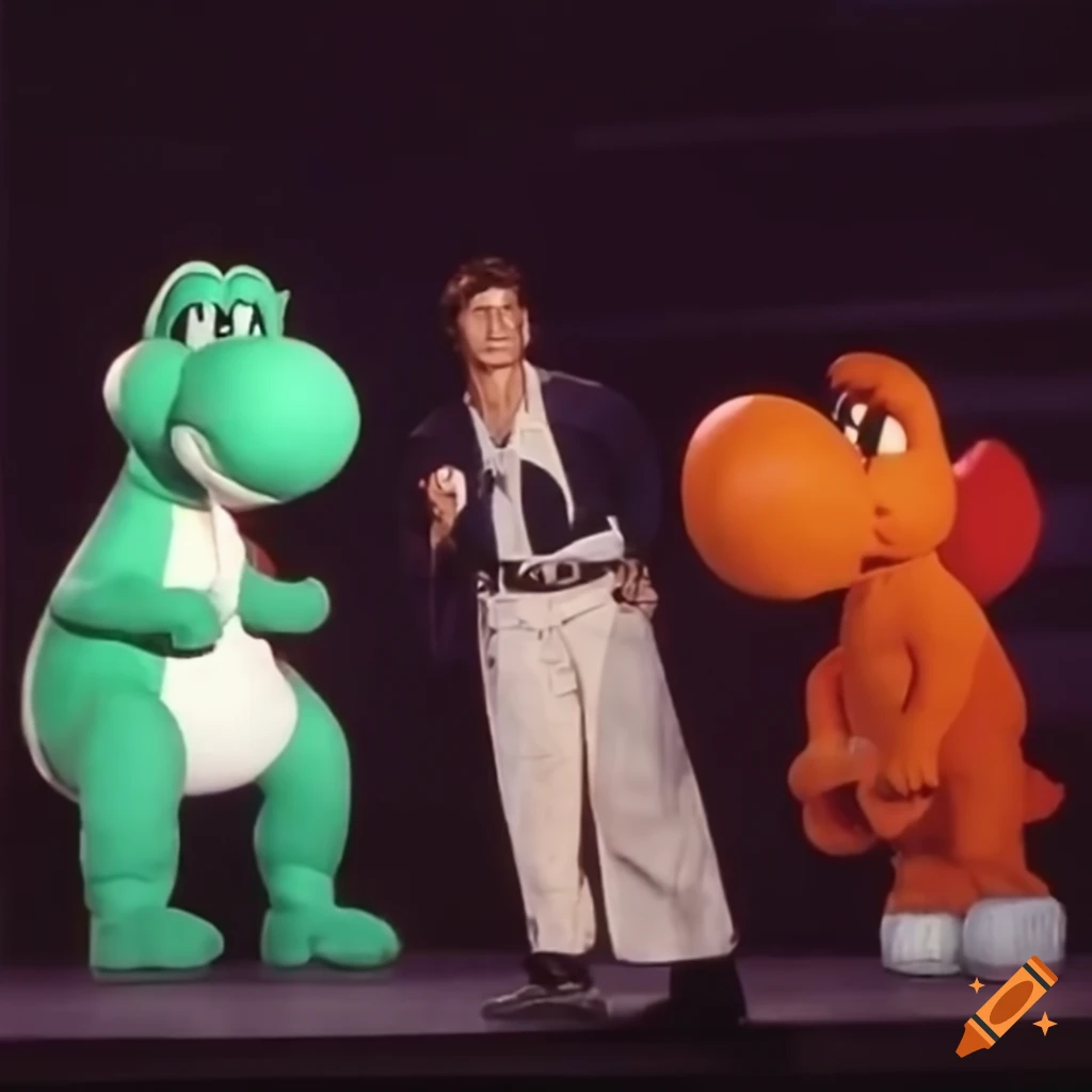 1990s e3 convention, presenter on stage with yoshi