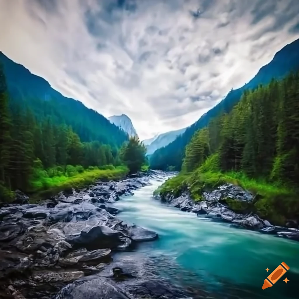 A scenic river flowing through the mountains on Craiyon