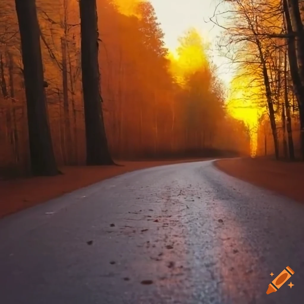 A lonely road place , liminal space, near a forest, on a sunset photo ...