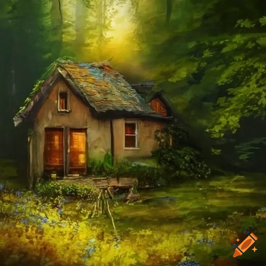 Cottage in a forest surrounded by wild flowers with rays of sunshine ...