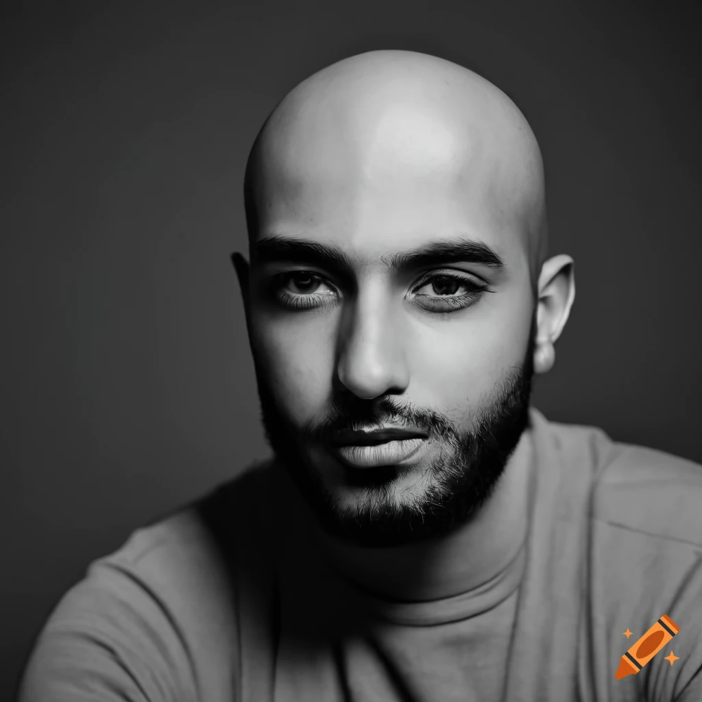 Monochrome portrait of a bald male of mixed caucasian and arabic ...