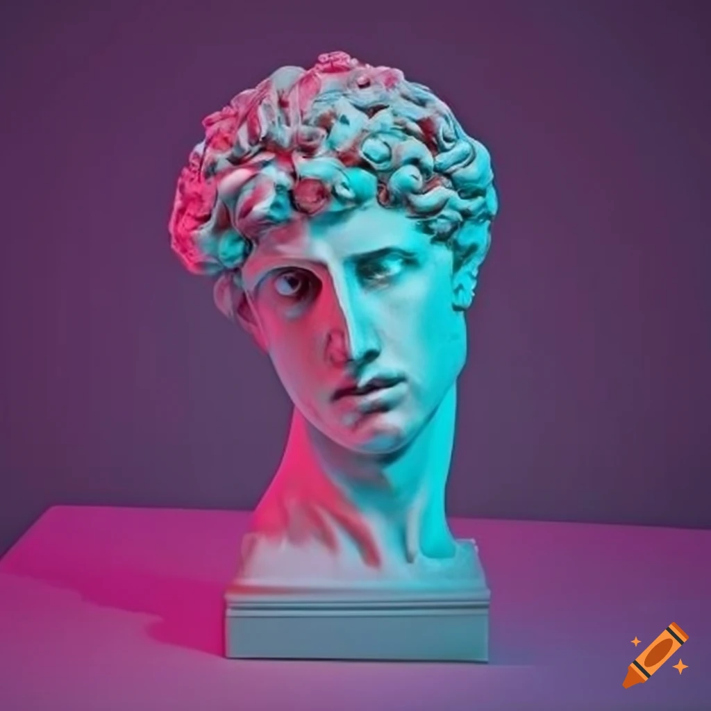 Man greek grey statue art with neon pink background on Craiyon