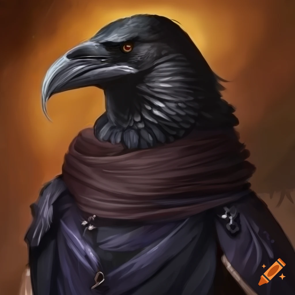 A majestic raven wearing a scarf, d&d character portrait on Craiyon
