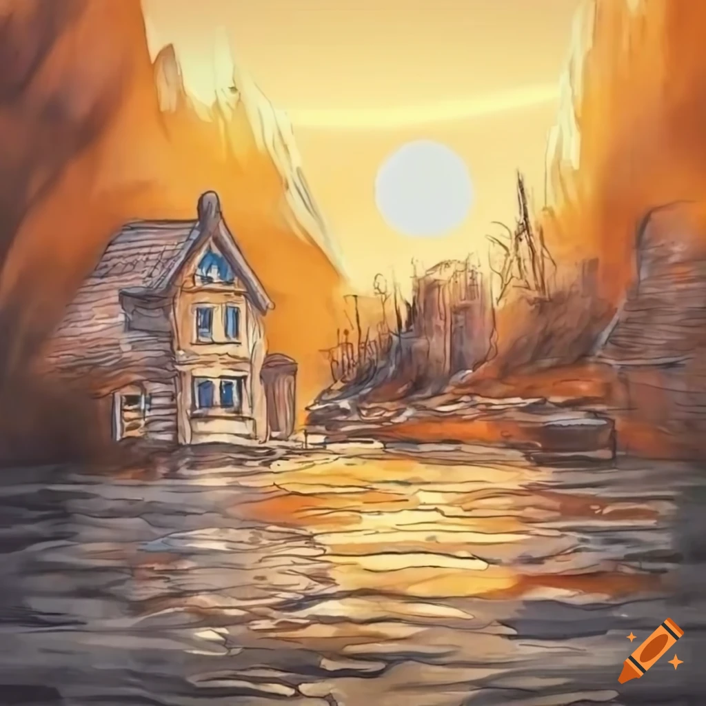 House at golden hour hand drawn style ariel view