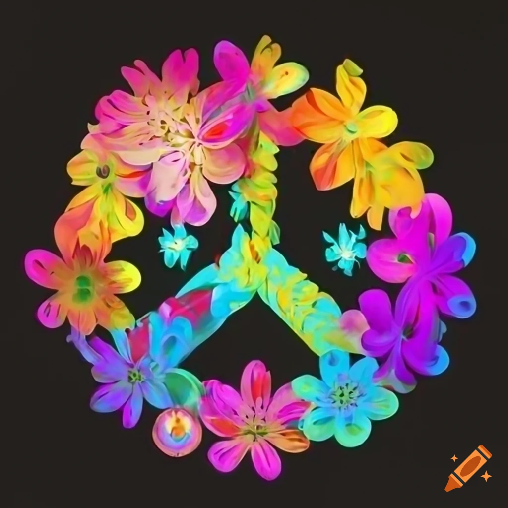 A vibrant floral peace sign on black background on Craiyon