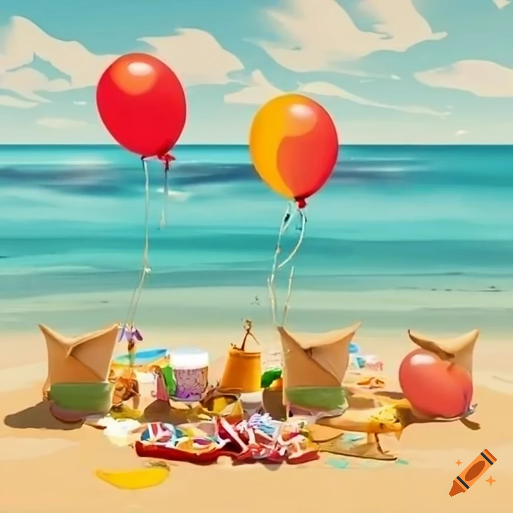 Beach themed birtday party with children and balloons on Craiyon