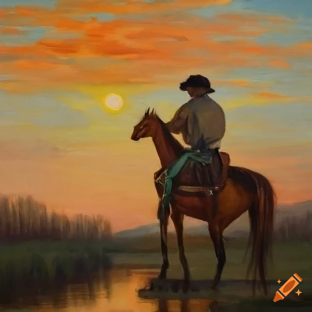 Oil painting of a bearded gaucho at the side of his brown horse looking ...
