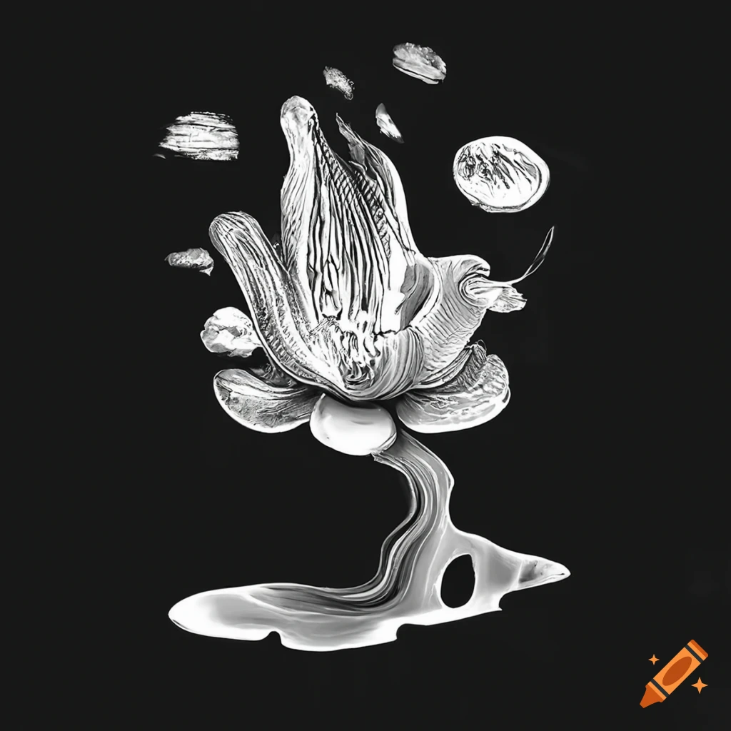 Surreal still life with melting flower and floating objects