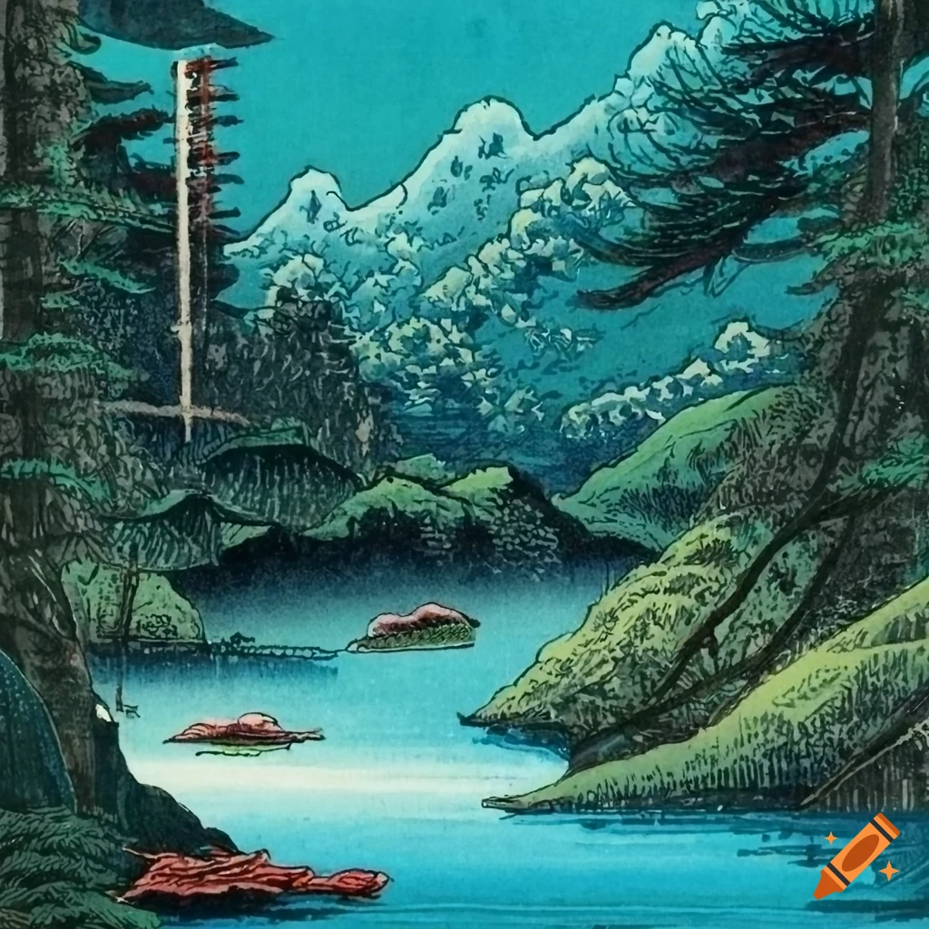 Japanese forest landscape; ukiyo-e style