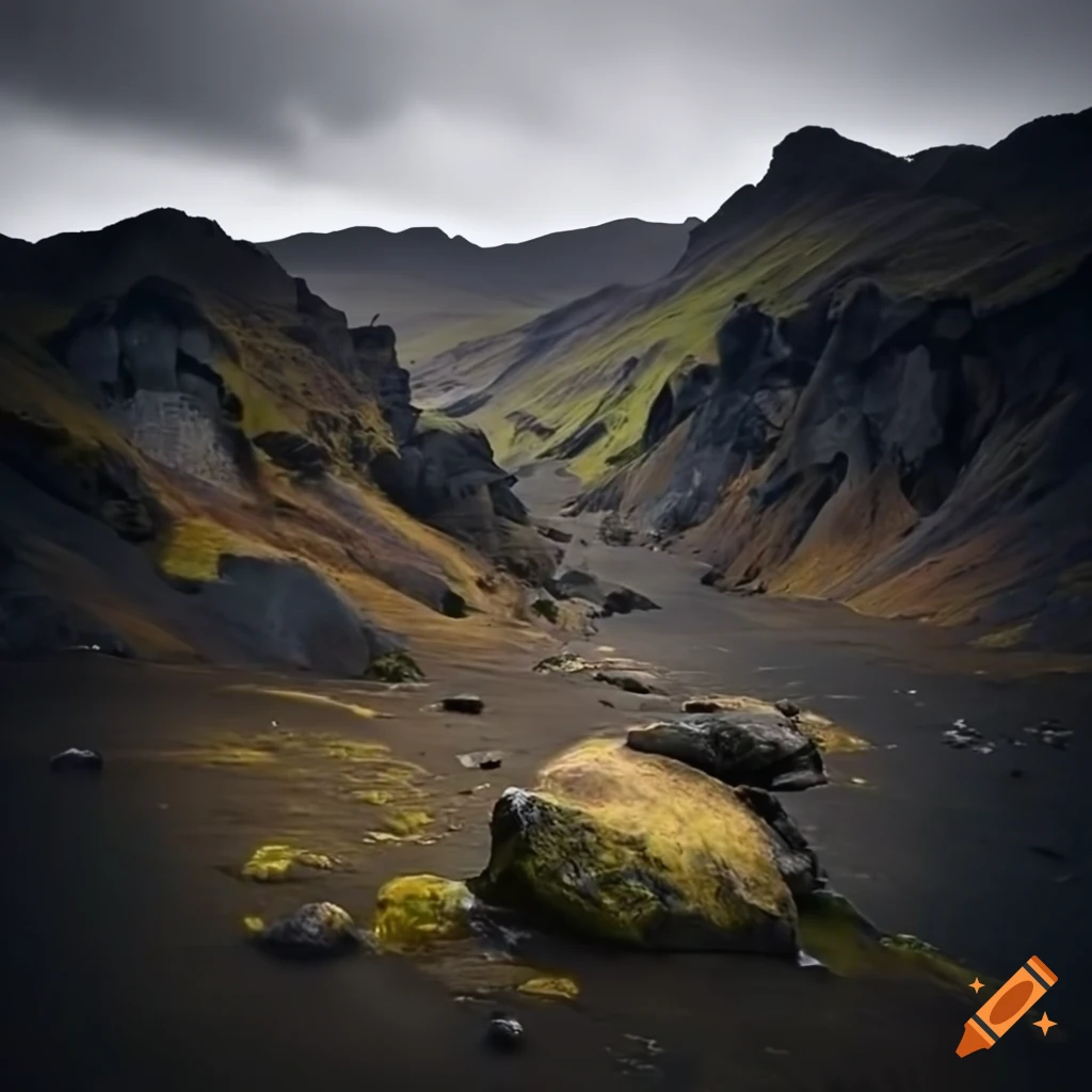 A realistic cinematic landscape photograph of a rocky hilly, highland ...