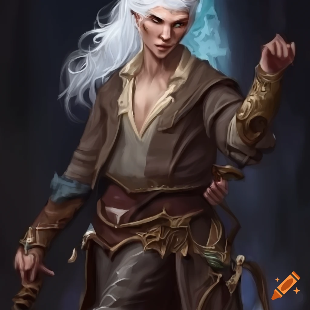 Halfelf male with white bun hair, bard fantasy playing arp. All body on ...