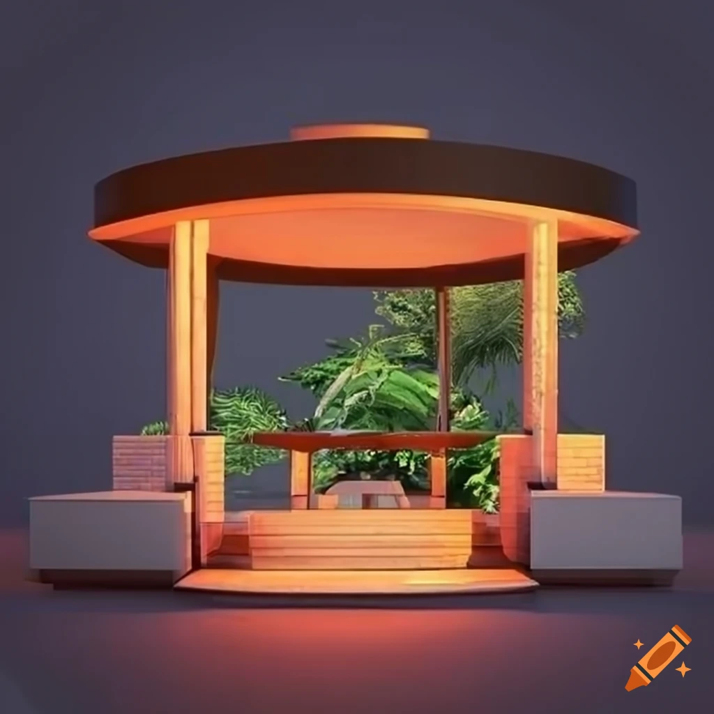 Frank lloyd wright style gazebo, outdoor living space, fireplace, water feature, lush tropical ...