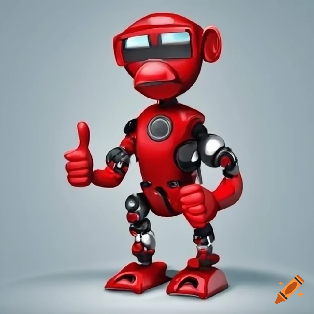 Red robot monkey giving a thumbs up on white background