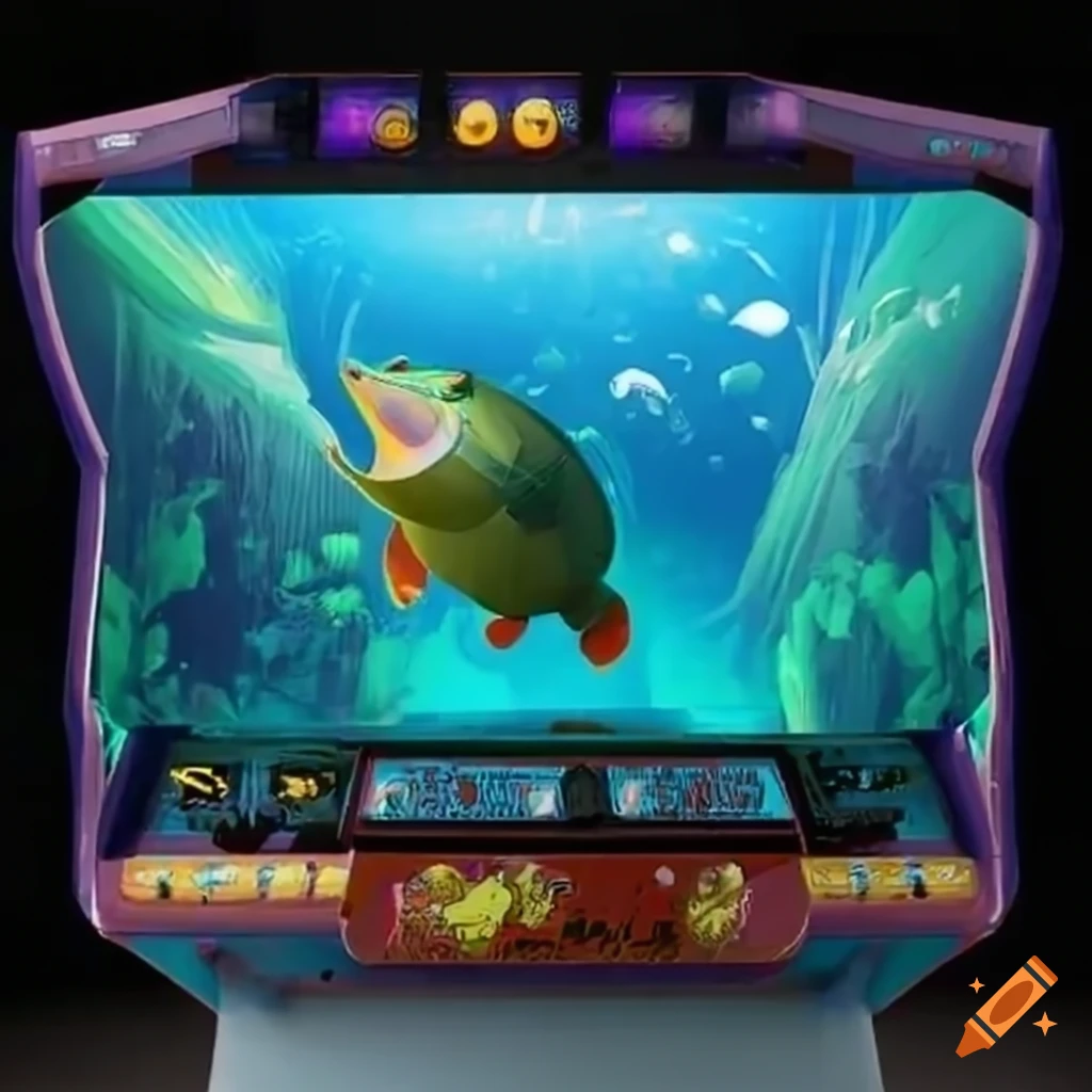 Fishing videogame in a big screen on a arcade table