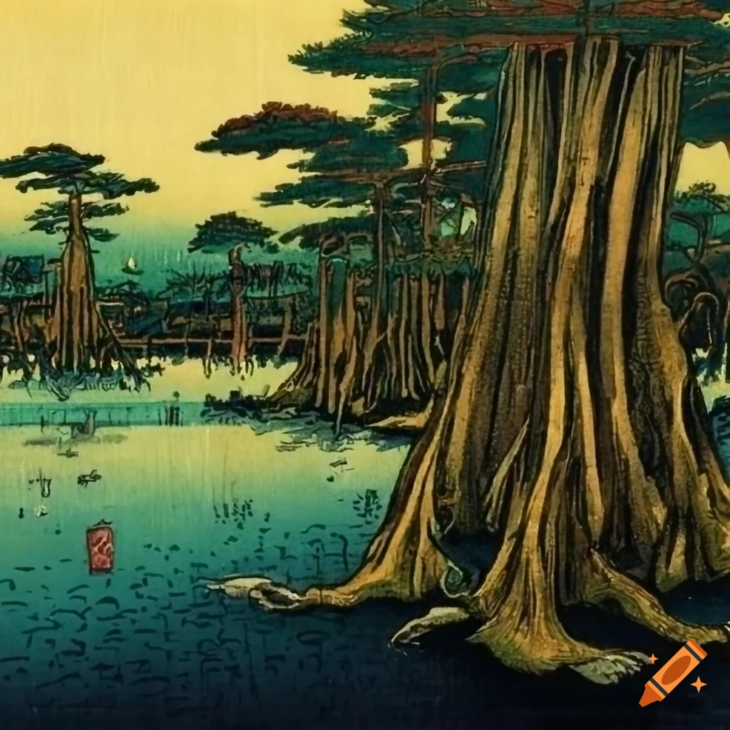 Japanese swamp landscape; ukiyo-e style